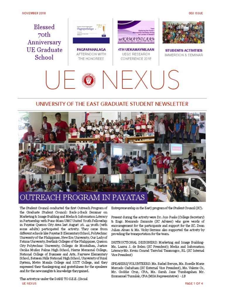 UE Graduate School Newsletter Nov2018 | PDF | Graduate School | Academia