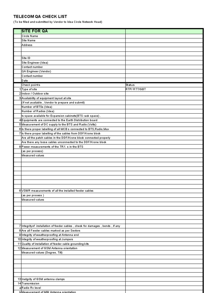 Telecom QA Checklist for Vendors | PDF