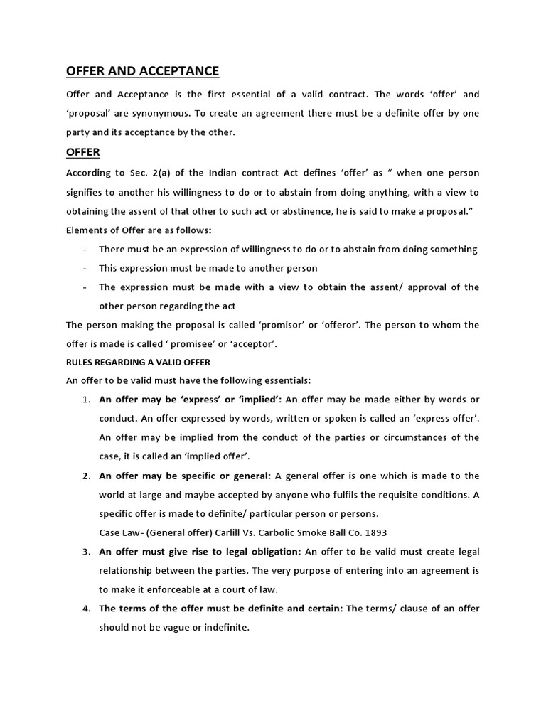 1. Offer and Acceptance | Offer And Acceptance | Contract Law | Free 30 ...