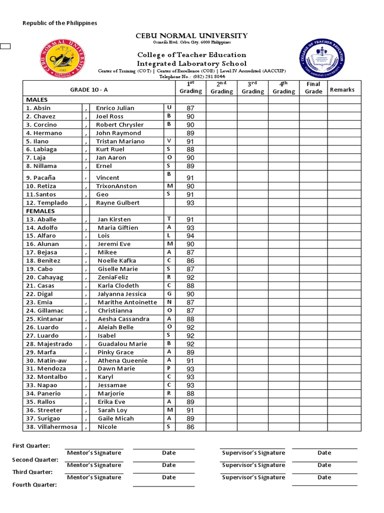 Grade Sheet For Grade 10-A | PDF