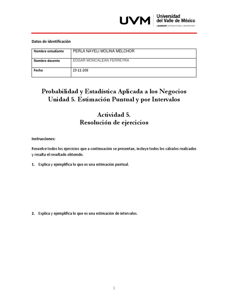 Actividad - 5 - Resolución de Ejercicios Prob y Est. | PDF | Intervalo de confianza | Muestreo ...