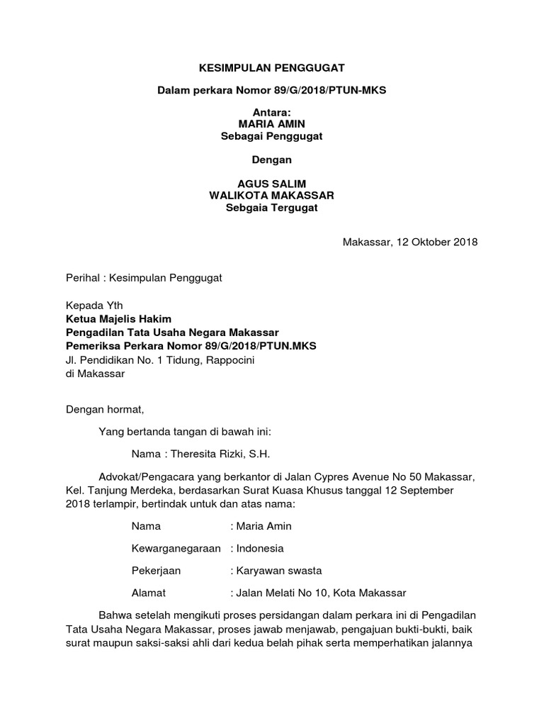 Kesimpulan Penggugat PTUN | PDF