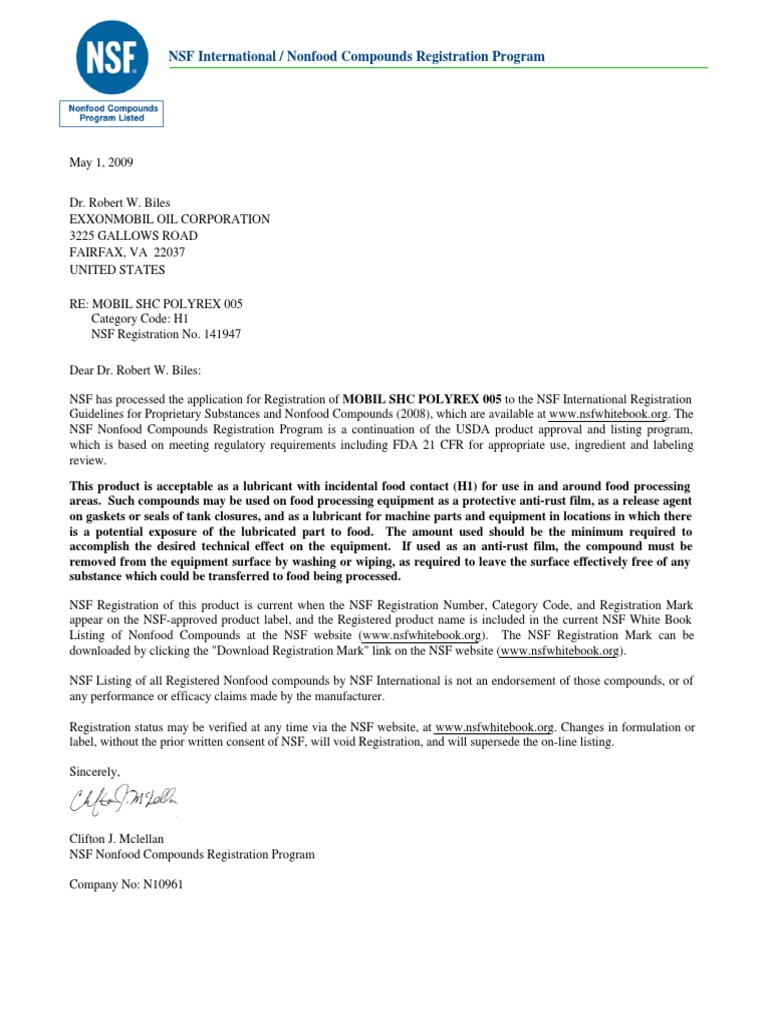 NSF - Mobil SHC Polyrex 005 - EN | PDF