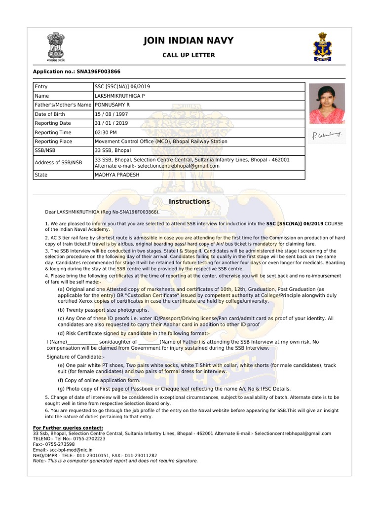 SSB Interview Call Letter for Indian Navy | PDF | Government | Business