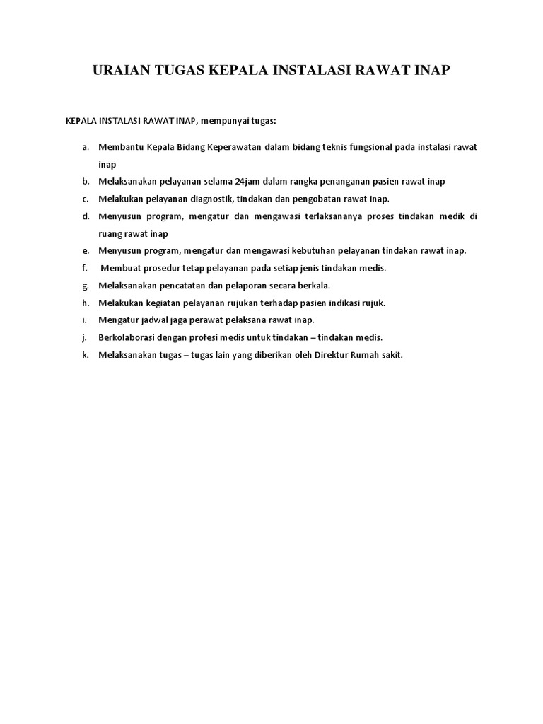 Uraian Tugas Ka Instalasi Rawat Inap | PDF