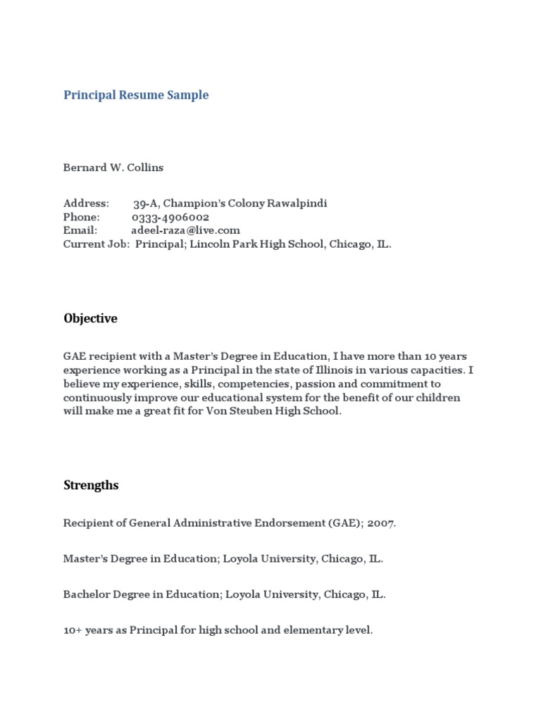 Principal Resume Sample | PDF | Résumé | Academic Degree