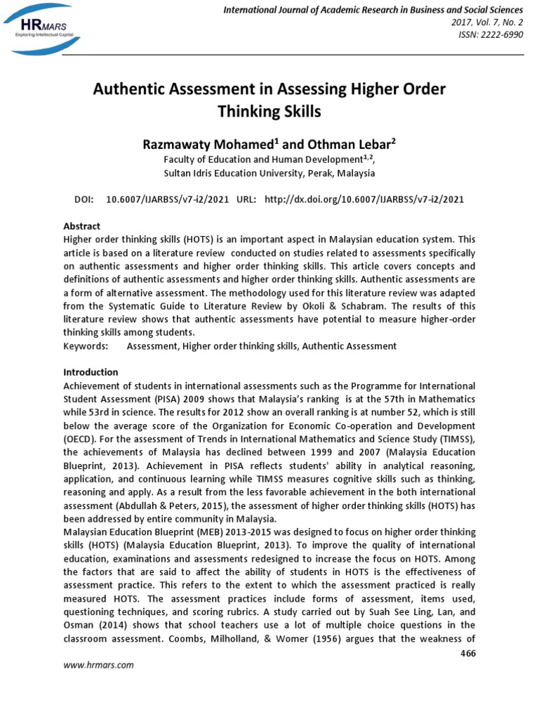 1.authentic Assessment in Assessing Higher Order Thinking Skills | PDF ...