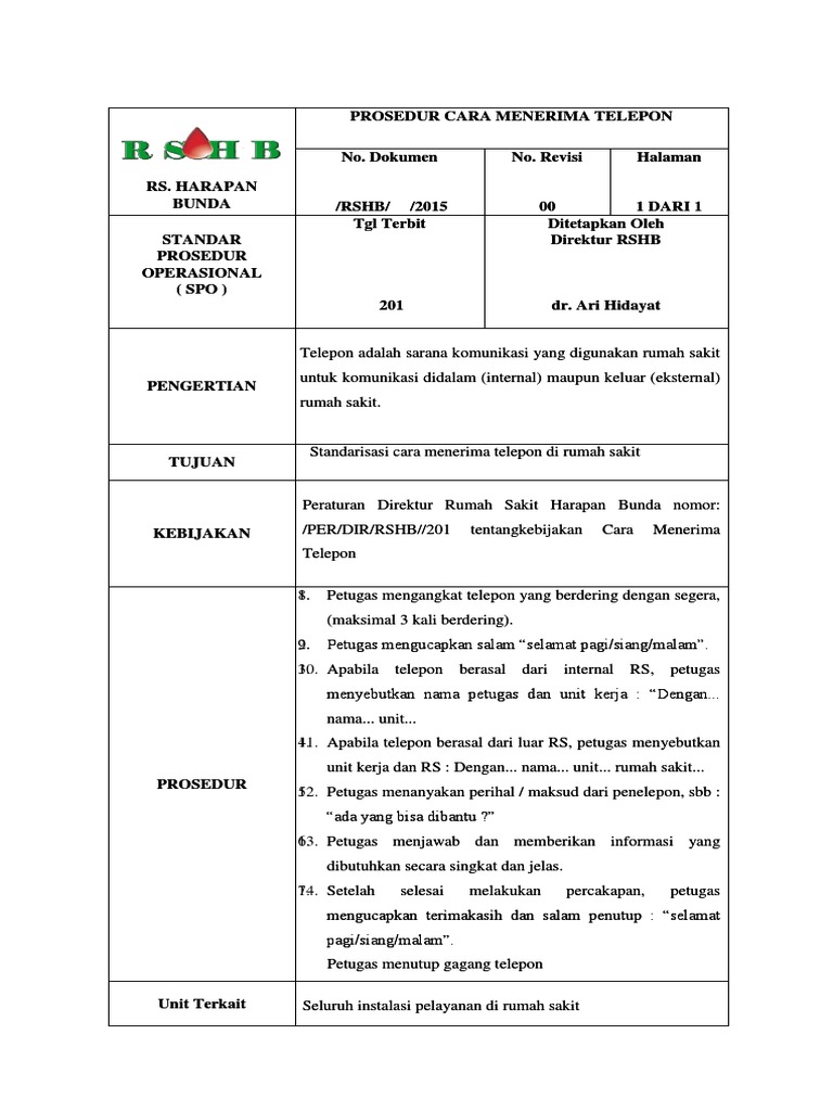 Prosedur Penerimaan Telepon RS Harapan Bunda | PDF