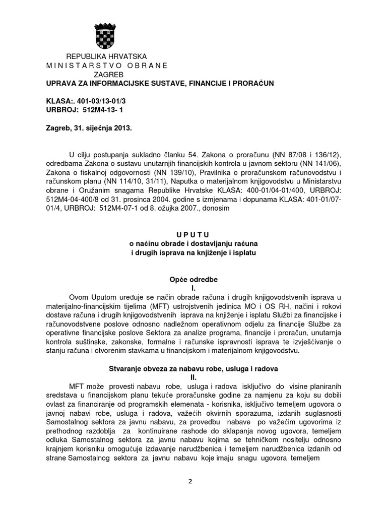 Uputa o Načinu Obrade I Dostavljanju Računa I Drugih Isprava Na Knjiženje I Isplatu (2013) 2 | PDF