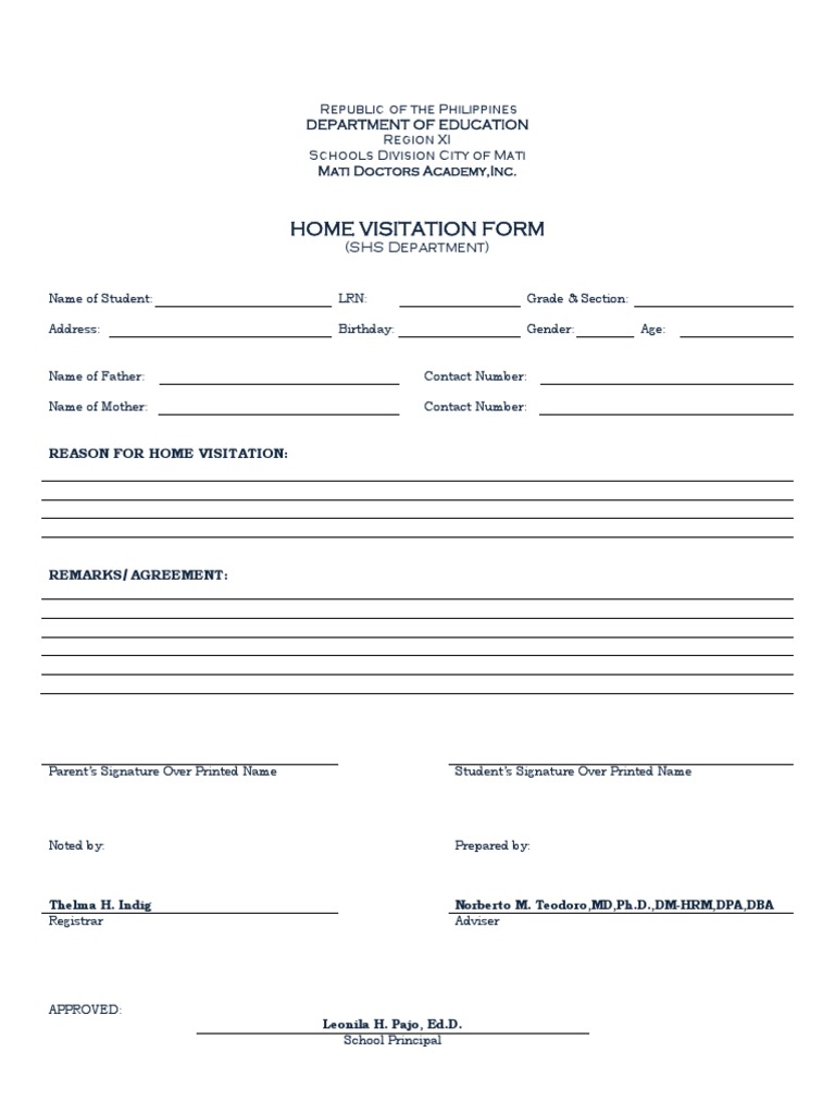 Home Visitation Form for SHS Students | PDF