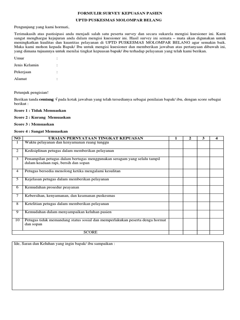 Formulir Survey Kepuasan Pasien | PDF