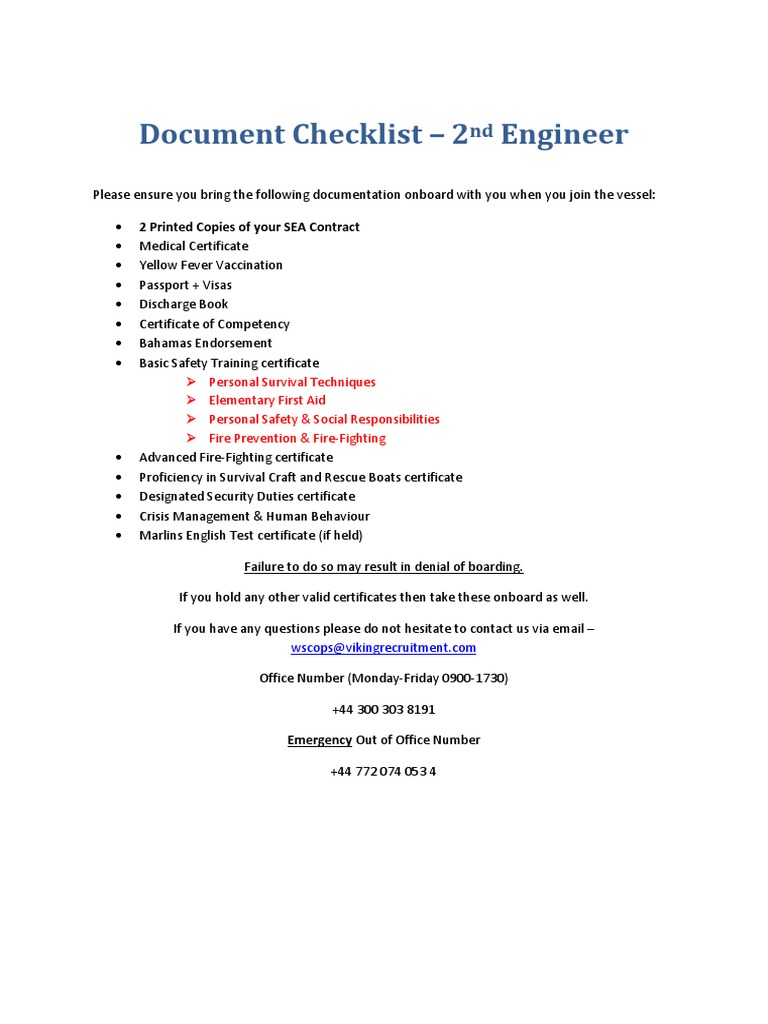 2nd Engineer Boarding Document List | PDF
