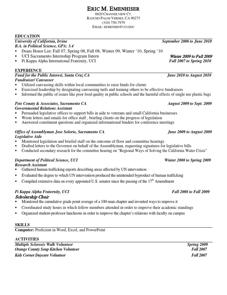 Eric Emenhiser's Political Science Resume | PDF