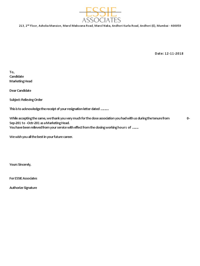Relieving Order for Marketing Head | PDF