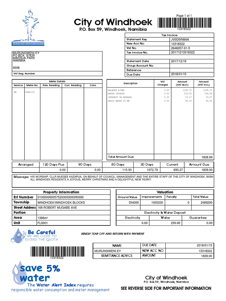 City of Windhoek tax invoice for water services | PDF | Value Added Tax ...