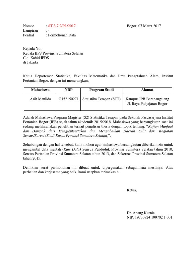 Surat Permintaan Data Thesis Asih - BPS Sumsel | PDF