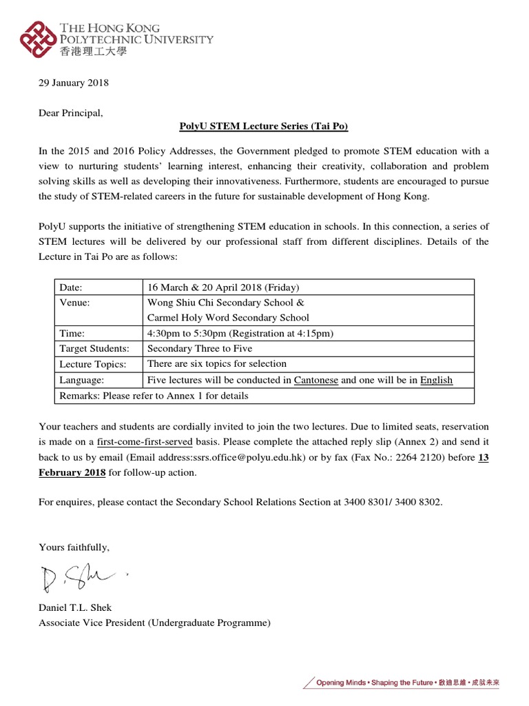 Invitation Letter - District-Based STEM Lecture Series - Tai Po | PDF ...