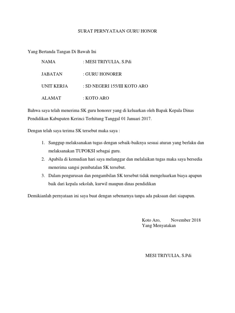 Surat Pernyataan Guru Honorer | PDF | Karier & Perkembangan ...