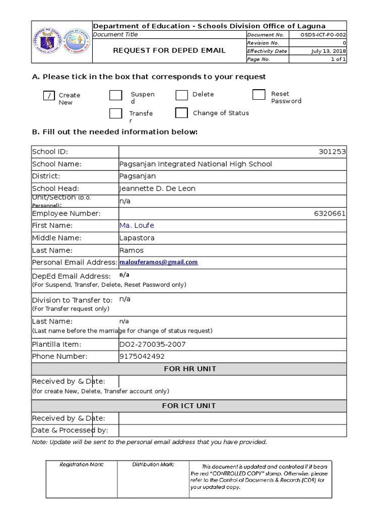 DepEd Email Request Form Template | PDF