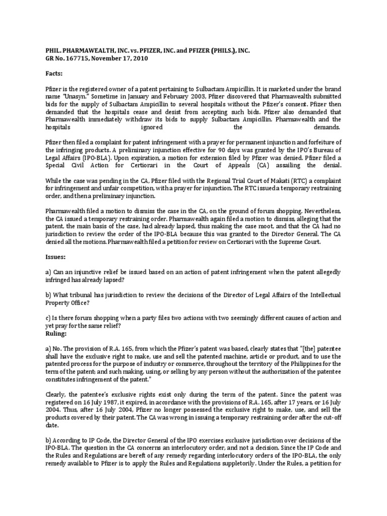 Pharmawealth vs Pfizer patent case | PDF | Patent | Certiorari