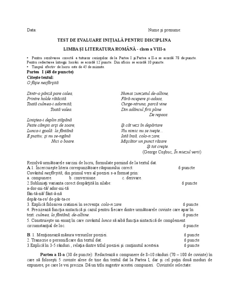 18 - Test - Initial Romana Clasa A 8 A | PDF