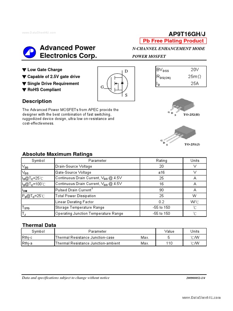 Advanced Power Electronics Corp.: AP9T16GH/J | PDF | Field Effect ...