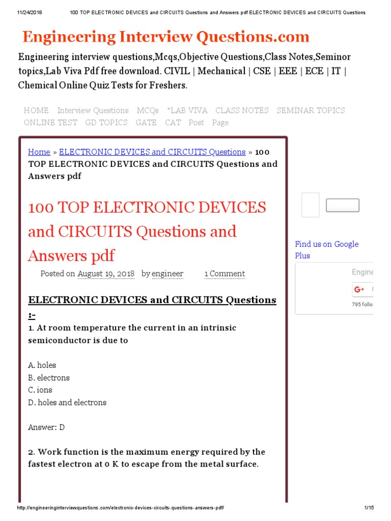 100 Top Electronic Devices and Circuits Questions and Answers PDF ...