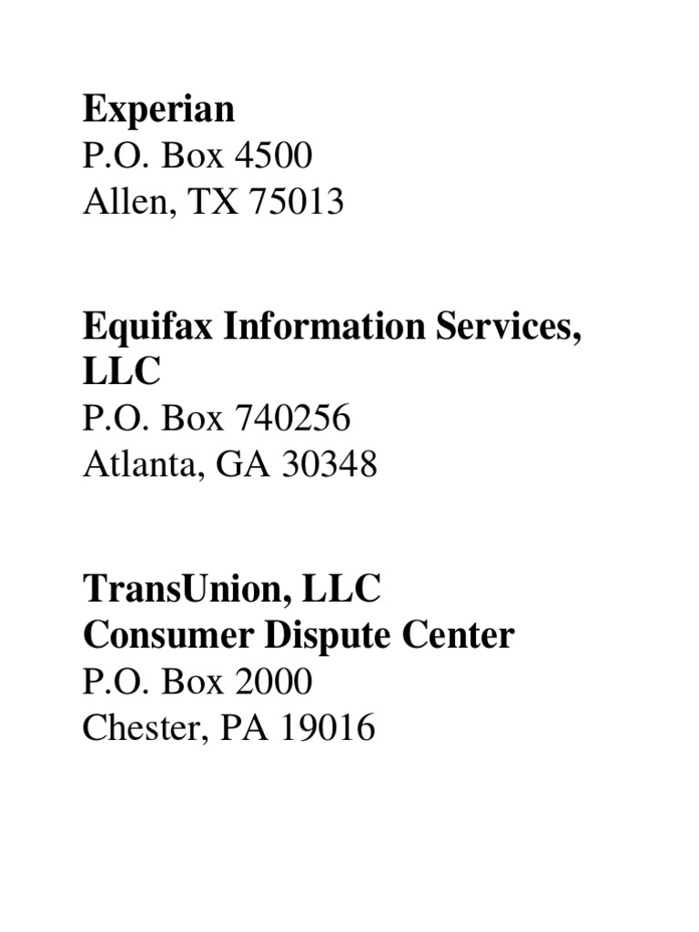 Credit Bureaus Addresses | PDF