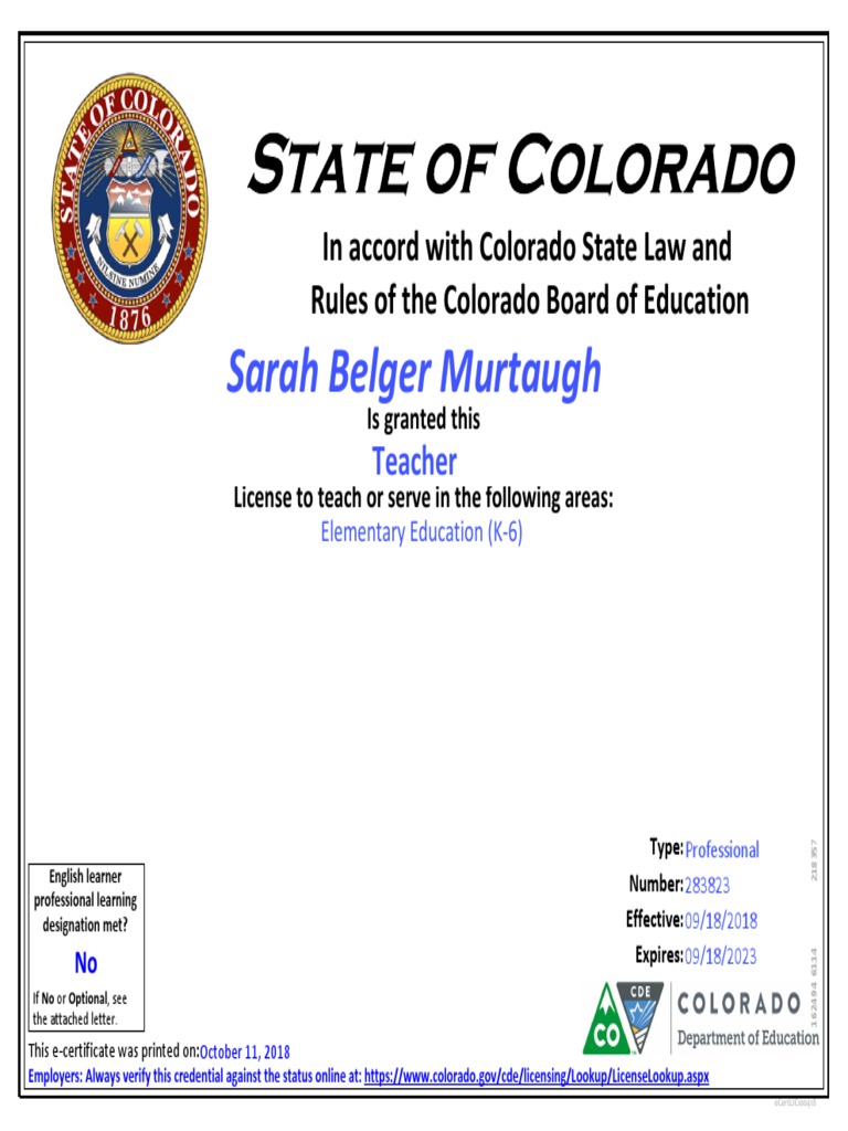 Colorado Teacher License Certificate | PDF