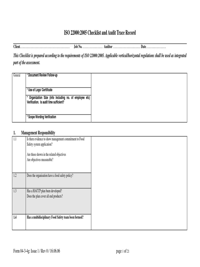 Checklist ISO 22000 PDF | PDF | Audit | Verification And Validation