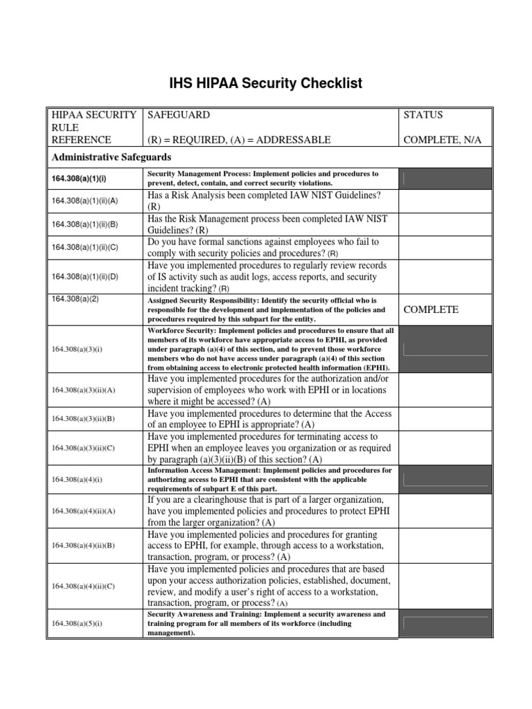 IHS HIPAA Security Checklist | PDF | Health Insurance Portability And ...