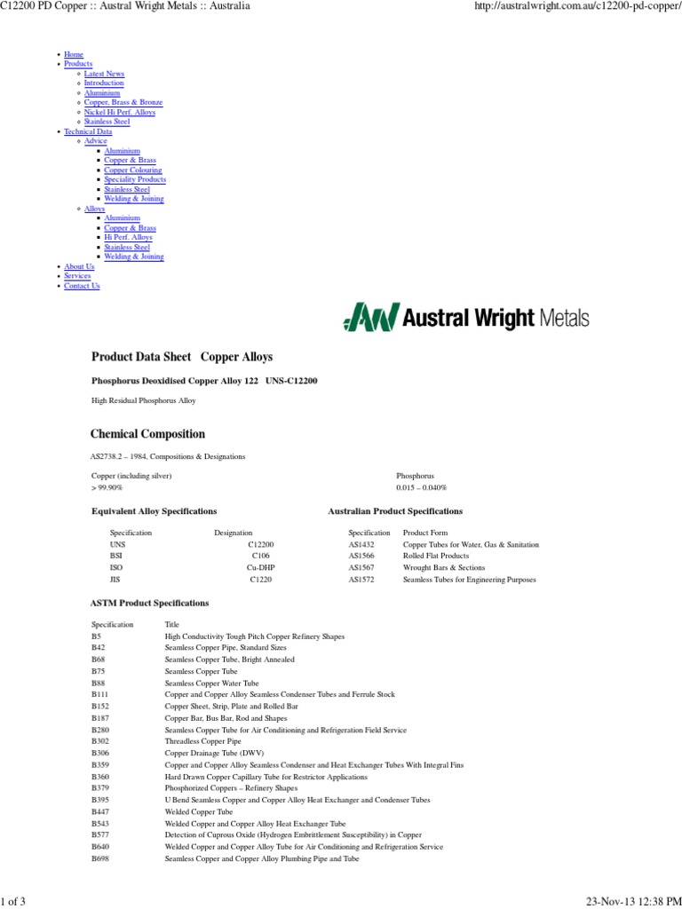 C12200 PD Copper - Austral Wright Metals - Australia | PDF | Welding ...