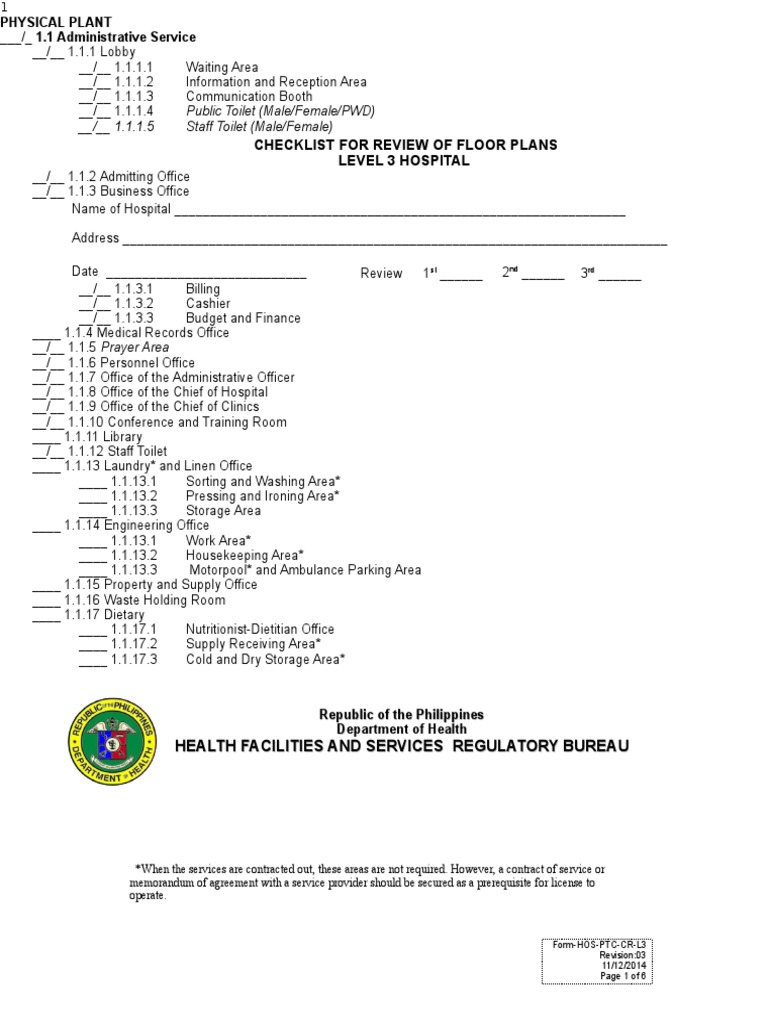 Checklist For Review of Floor Plan of Level 3 Hospital | PDF ...