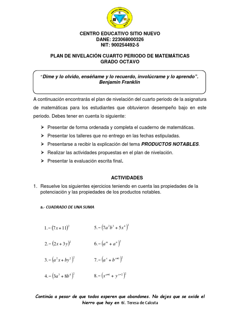 Nivelacion De Octavo Pdf Enseñanza De Matemática