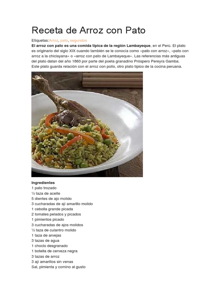 Receta de Arroz Con Pato | PDF | Cilantro | Caldo