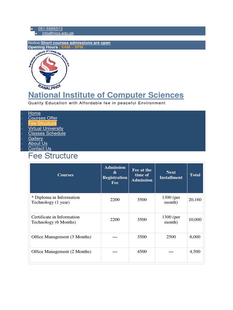 National Institute of Computer Sciences: Fee Structure | PDF