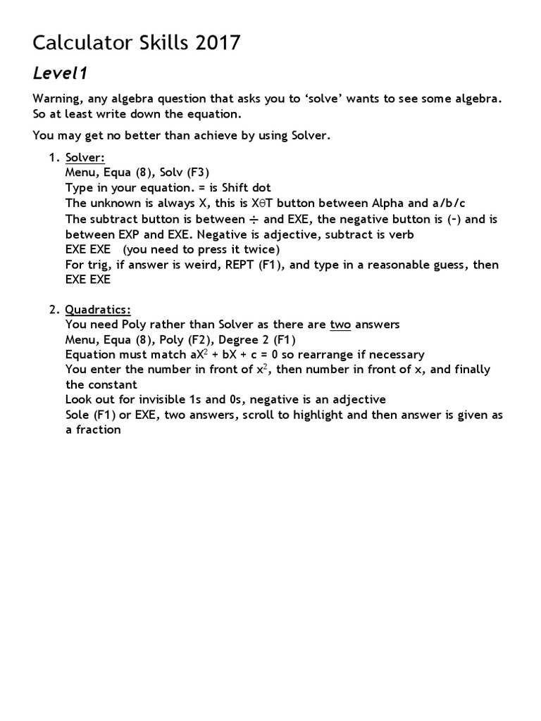 Calculator Skills 2017: Level1 | PDF | Exponential Function | Quadratic ...