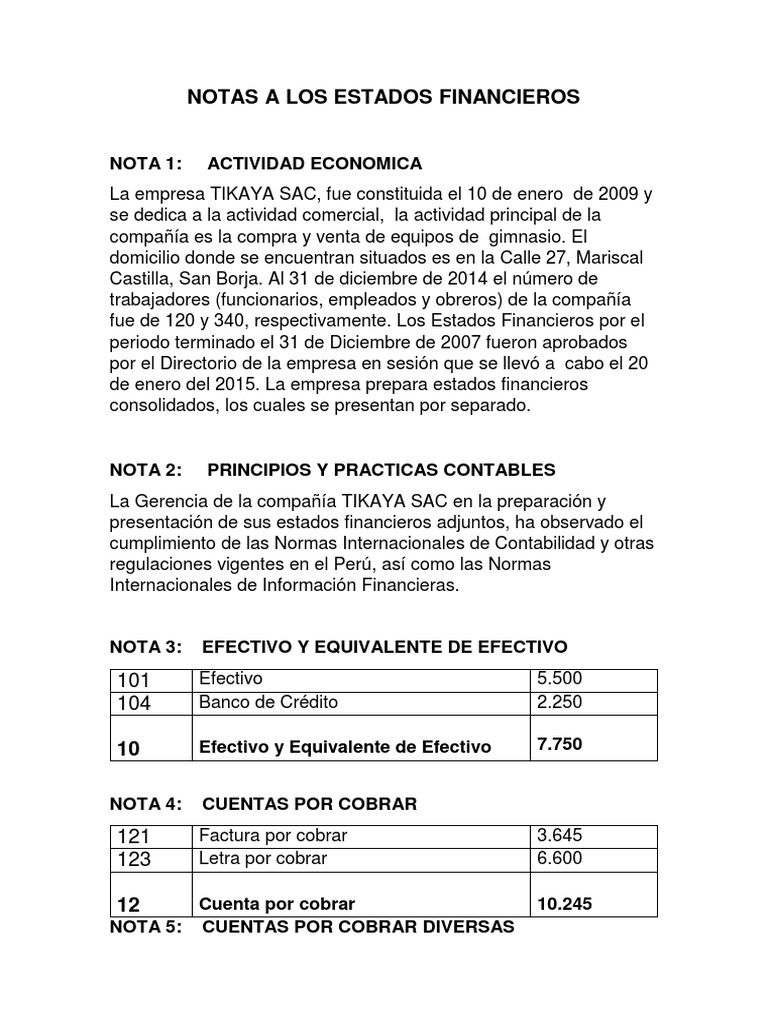 Notas A Los Estados Financieros | PDF | Estado financiero | Servicios (economía)