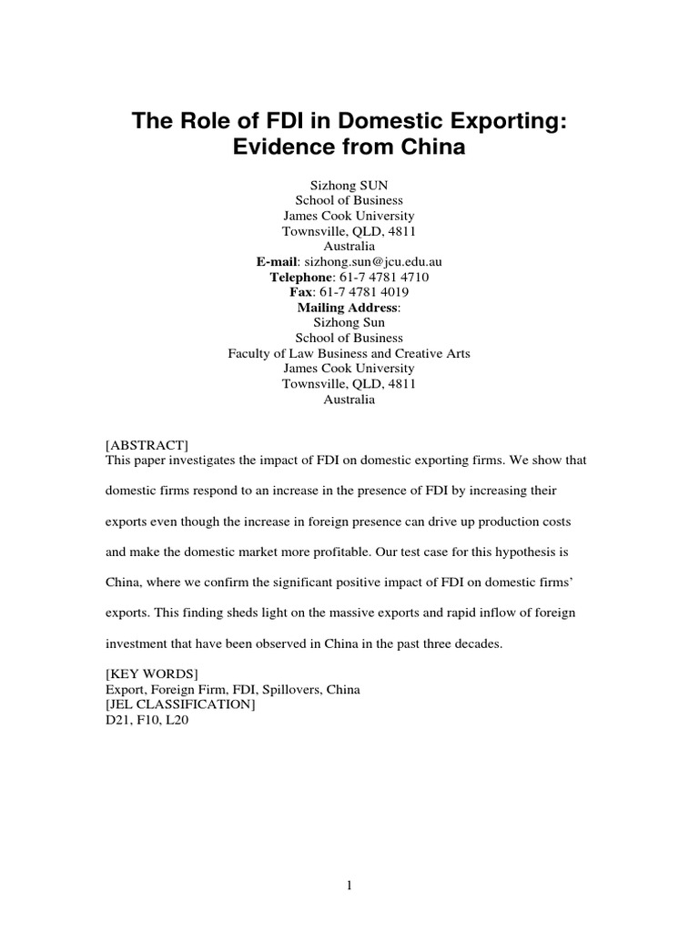 The Role of FDI in Domestic Exporting: Evidence From China | PDF | P ...