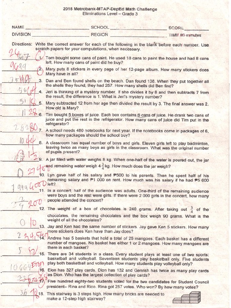 2015 Metrobank-MTAP-DepEd Math Challenge Elimination Grade 3 PDF | PDF