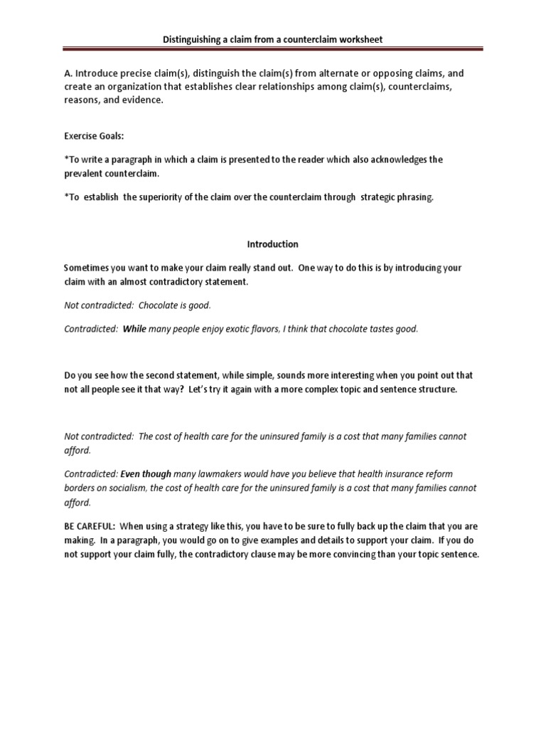 Distinguishing A Claim From A Counterclaim Worksheet | PDF | Sentence ...