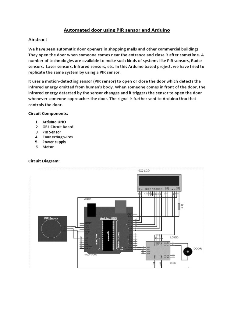 Automated Door Using PIR Sensor and Arduino: Circuit Components | PDF