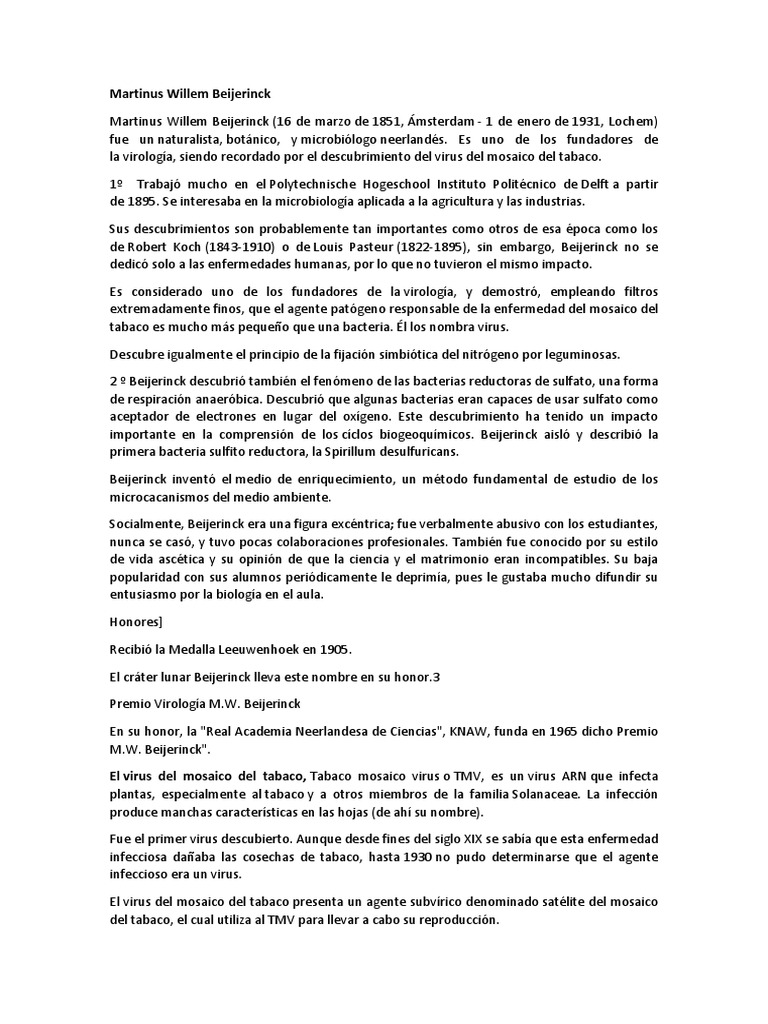 Aportaciones de Beijerinck a la virología | PDF | Biología | Organismos