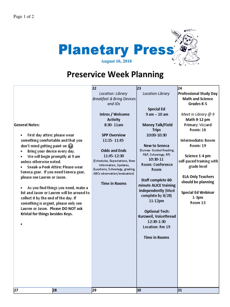 Week at A Glance August 16 2018 | PDF | Behavior Modification | Psychology