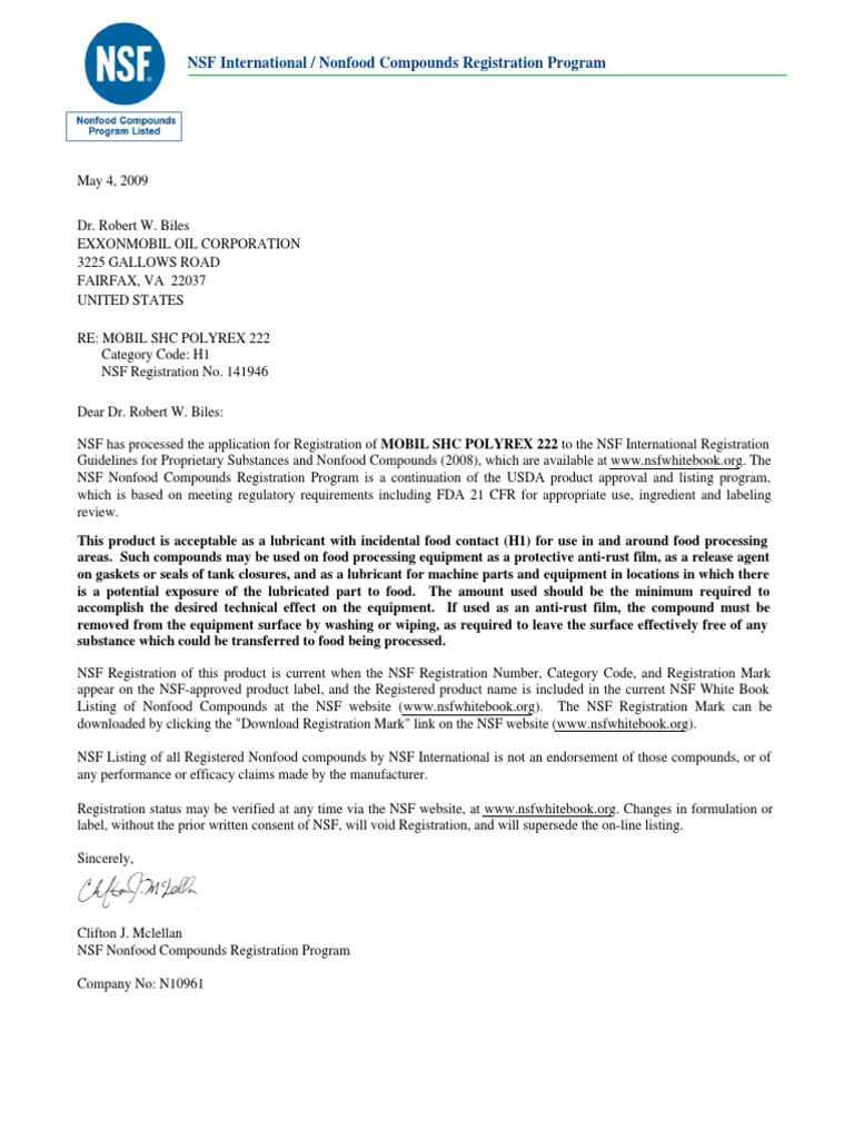 NSF - Mobil SHC Polyrex 222 - EN | PDF