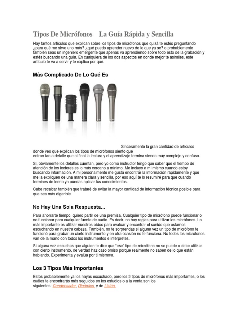 Tipos de Micrófonos: Guía Esencial | PDF | Micrófono | Grabación