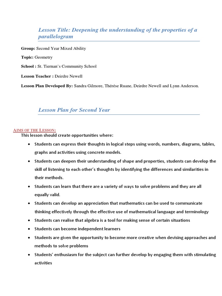 Properties of Parallelogram S | PDF | Geometry | Lesson Plan