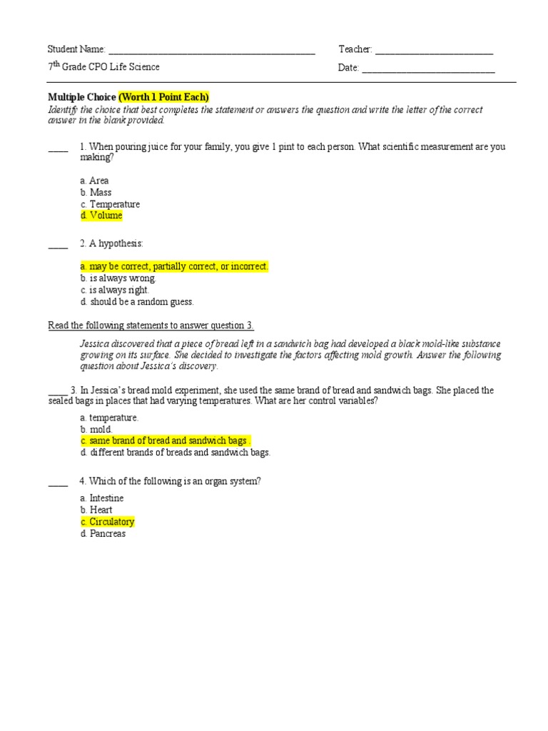 7th Grade Pretest and Key | PDF | Cell (Biology) | Organisms