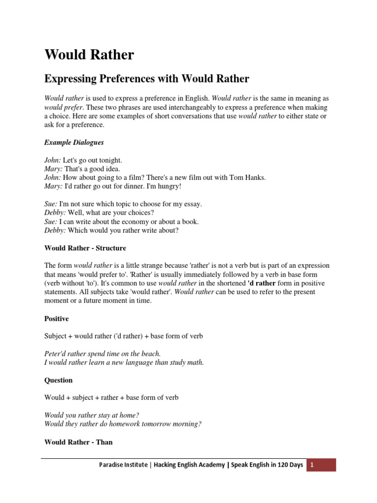 Using "Would Rather" in English | PDF | Grammatical Tense | English ...