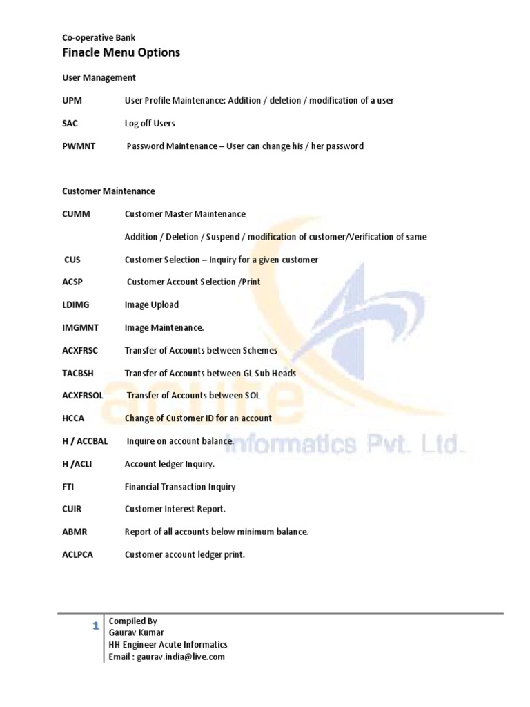 Finacle Menu Options: Co-Operative Bank | PDF | Cheque | Clearing (Finance)